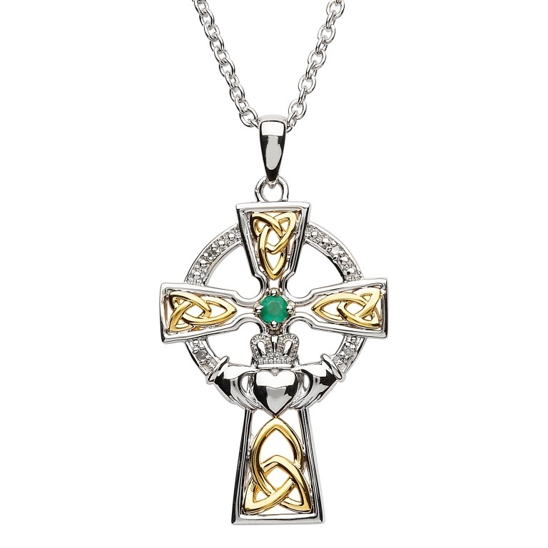 Silver Celtic Trinity Cross Set with Emerald and Diamond - Irish ...
