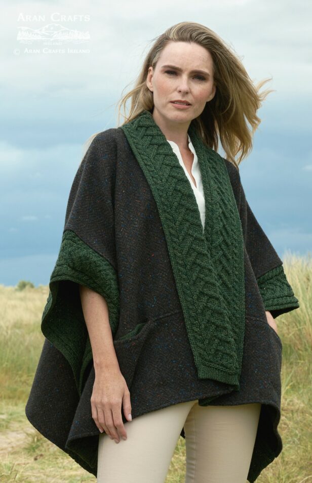 Aran Crafts Ashbourne Irish Tweed Cape, Green Aran Knit - Irish Jewelry ...