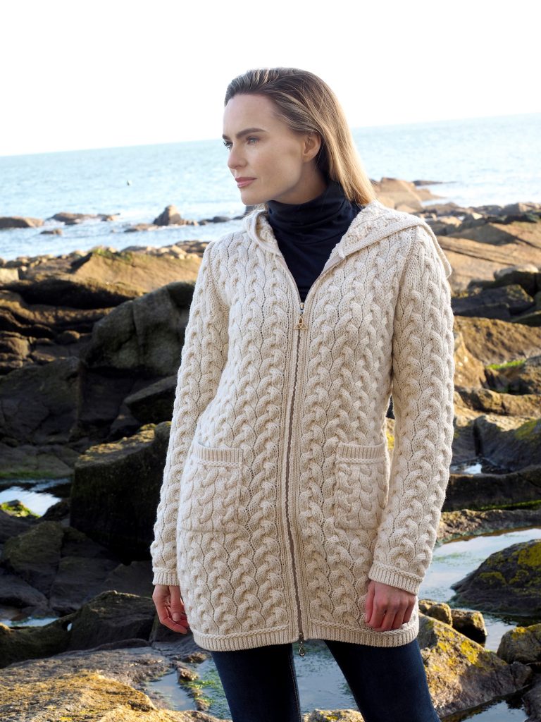 Aran Crafts Ulster Long Chunky Zip Irish Sweater Coat, Natural - Irish ...