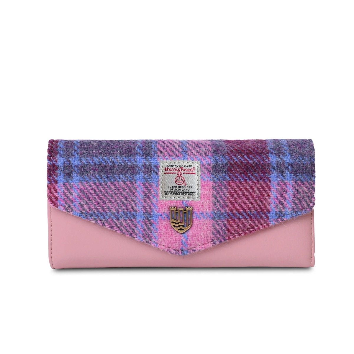Islander Large Clasp Purse with HARRIS TWEED - Pink and Blue Tartan ...