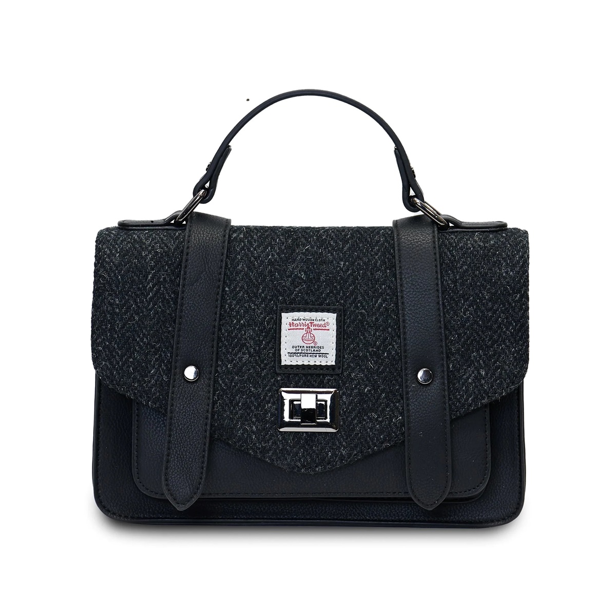 Islander Medium Satchel Bag with HARRIS TWEED - Black Herringbone ...