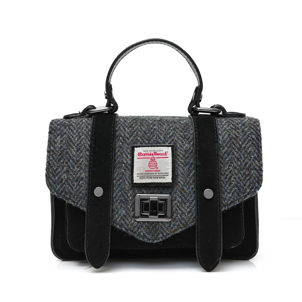 Islander Mini Satchel Bag with Grey Herringbone HARRIS TWEED - Black ...