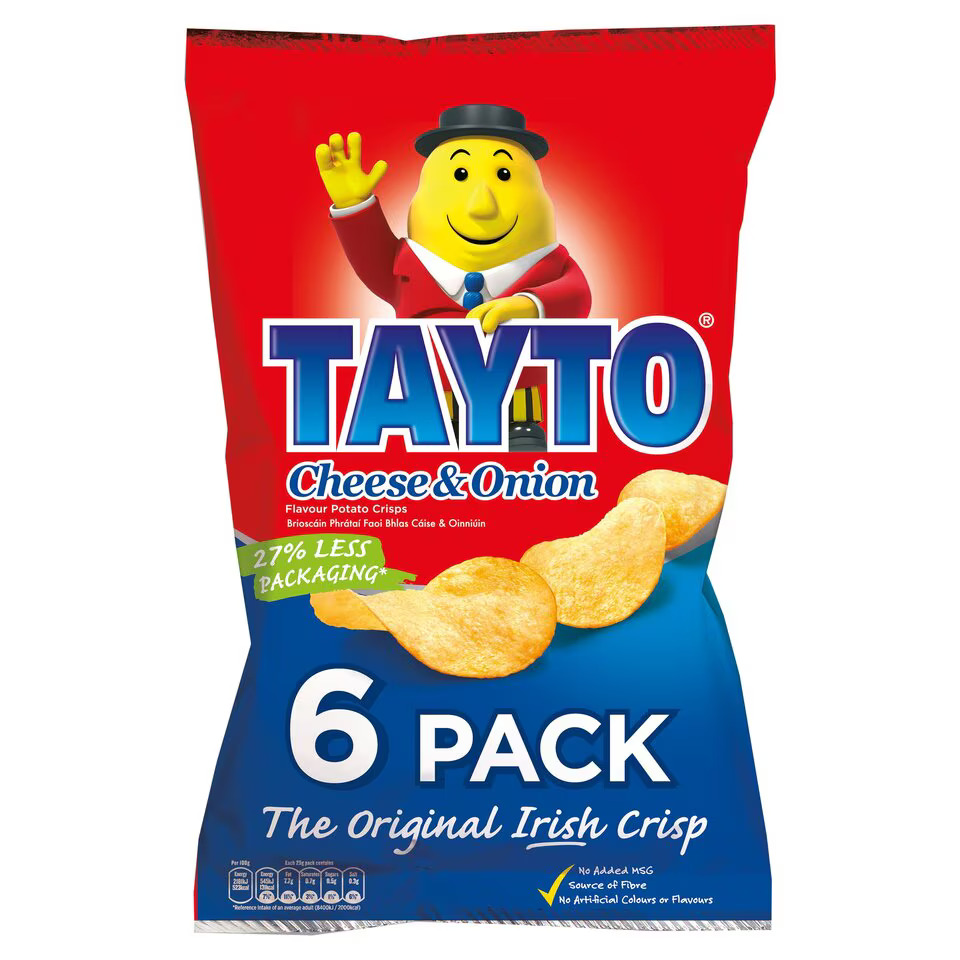 Tayto Cheese and Onion Crisps 6 pack 150g - Irish Jewelry | Irish Store ...
