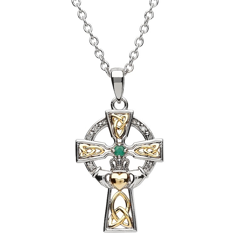 Sterling Silver Celtic Trinity Cross Set with Emerald and Diamond ...