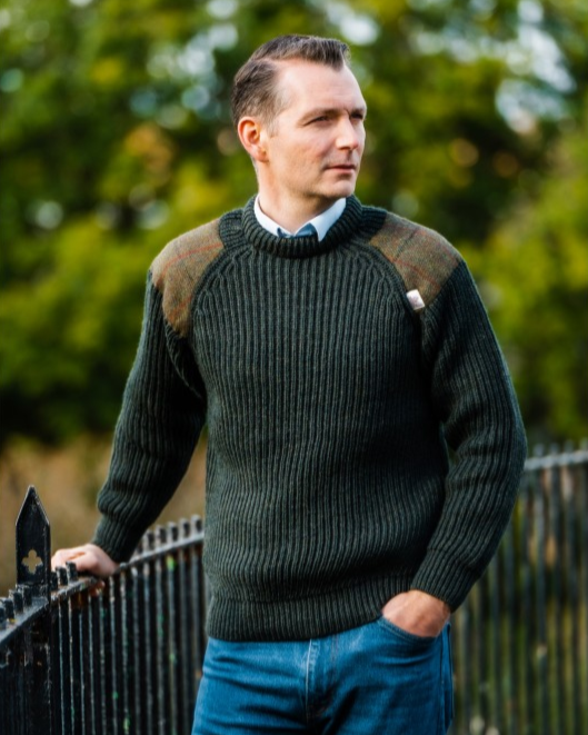 Raglan Sleeve Crew Neck Wool Jumper with Harris Tweed, Moss Green ...