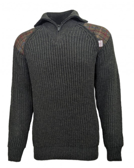 Quarter Zip British Wool Sweater with Harris Tweed Shoulders, Moss ...
